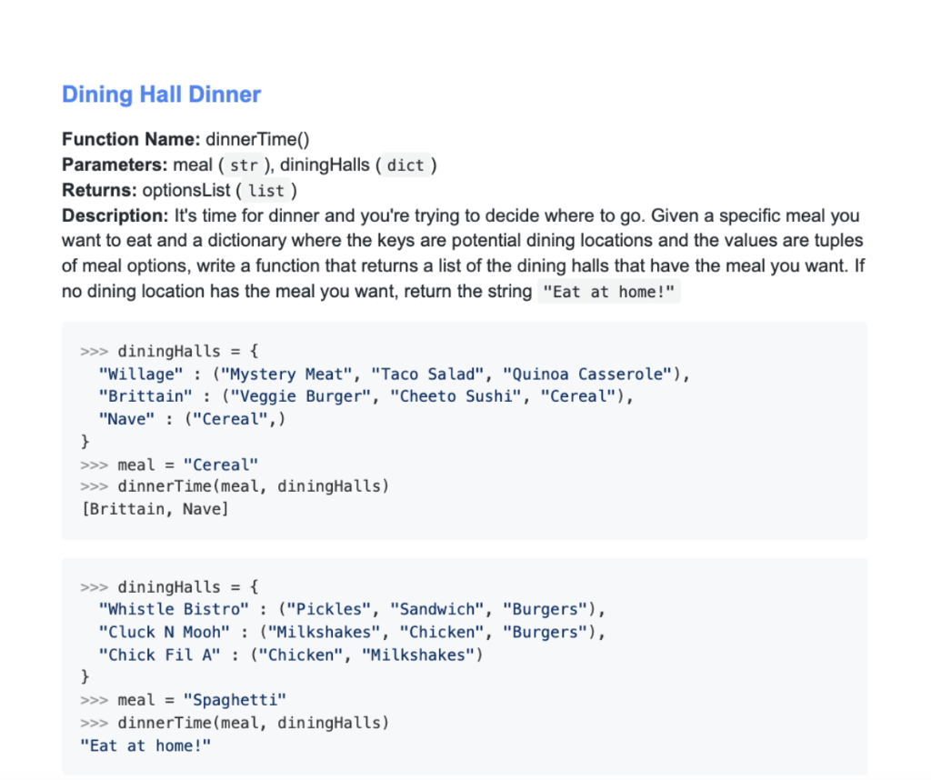 Solved Dining Hall Dinner Function Name: dinnerTime() | Chegg.com