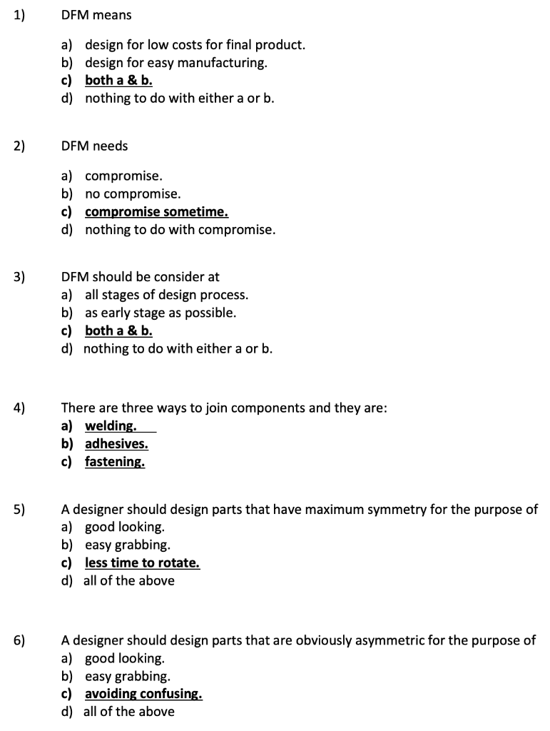 Solved 1) DFM means a) design for low costs for final | Chegg.com