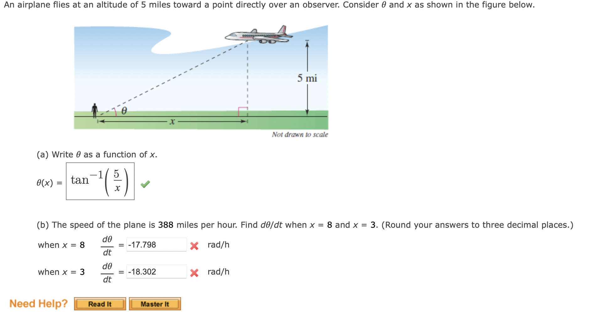 Solved An airplane flies at an altitude of 5 miles toward a | Chegg.com