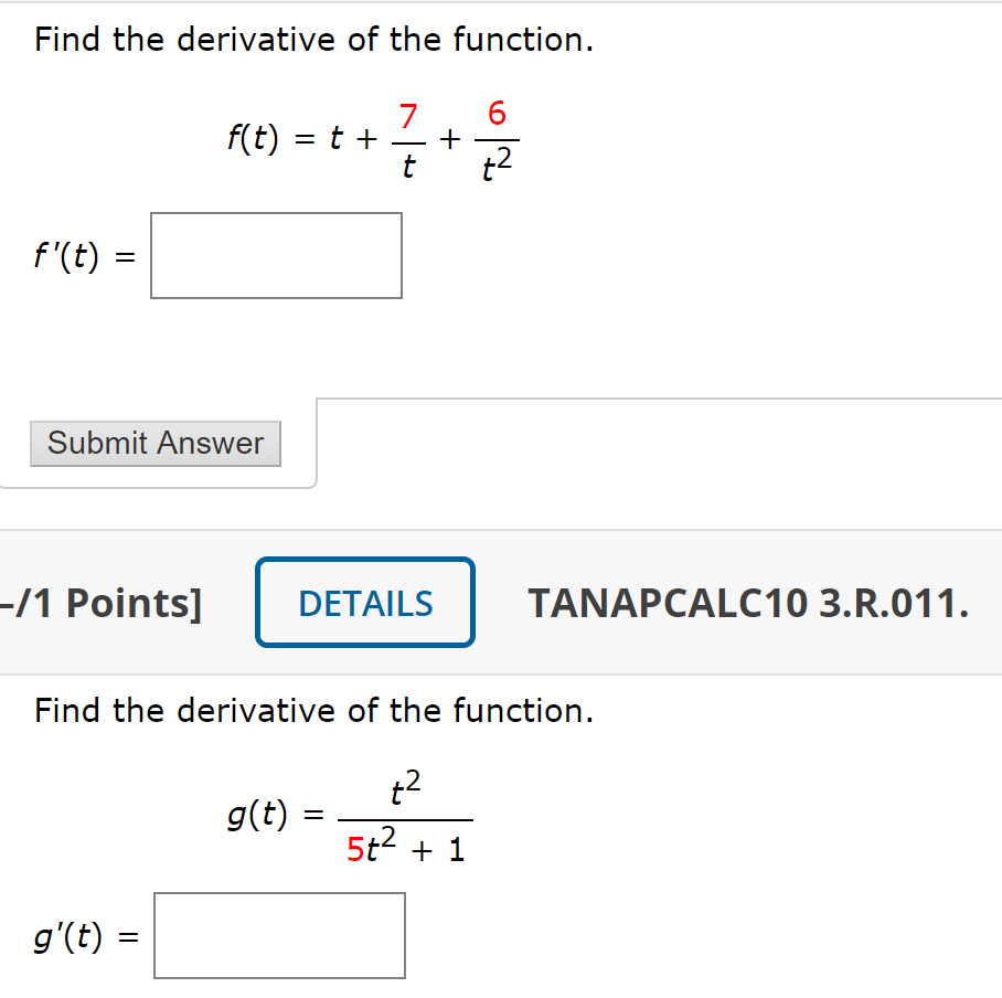 Solved Find the derivative of the function. f(t) = t + 7 + t | Chegg.com