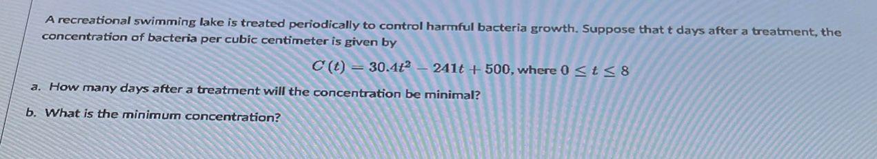 Solved A recreational swimming lake is treated periodically | Chegg.com