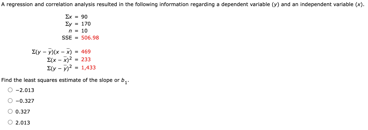 Solved A regression and correlation analysis resulted in the | Chegg.com