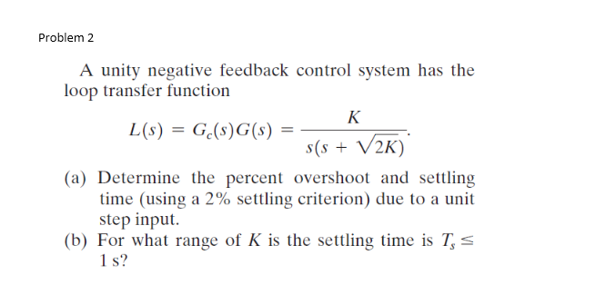 Solved Problem 2 A unity negative feedback control system | Chegg.com