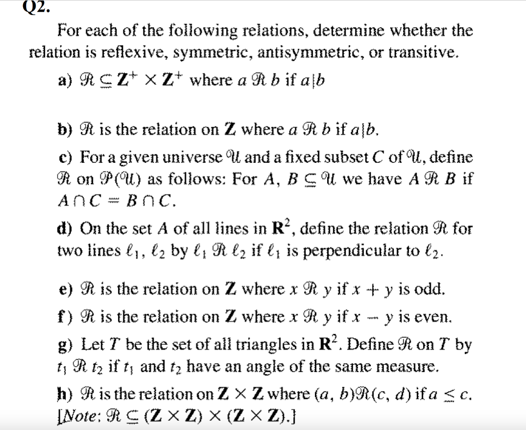 Solved Q2. For each of the following relations, determine | Chegg.com