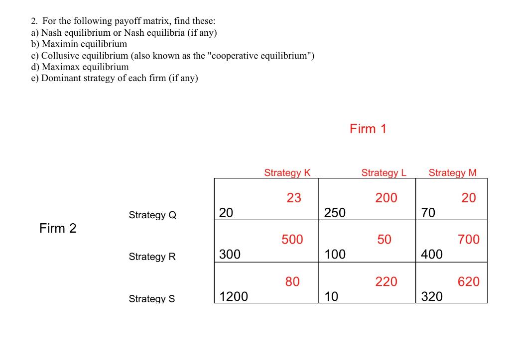 Solved 2. For the following payoff matrix, find these: a) | Chegg.com