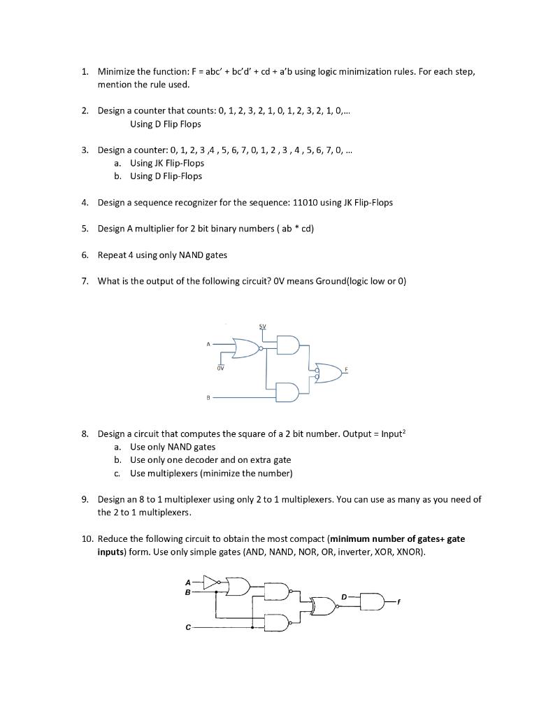 Solved 1. Minimize the function: F=abc′+bc′d′+cd+a′b using | Chegg.com
