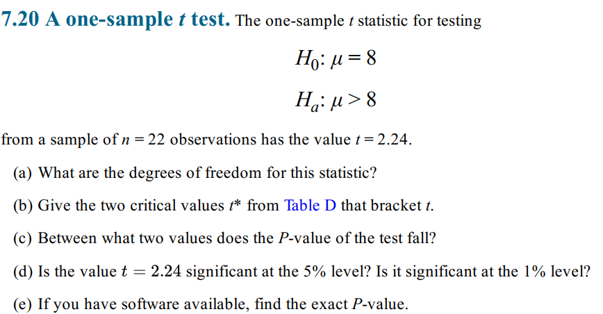 Solved 7.20 A one-sample t test. The one-sample t statistic | Chegg.com