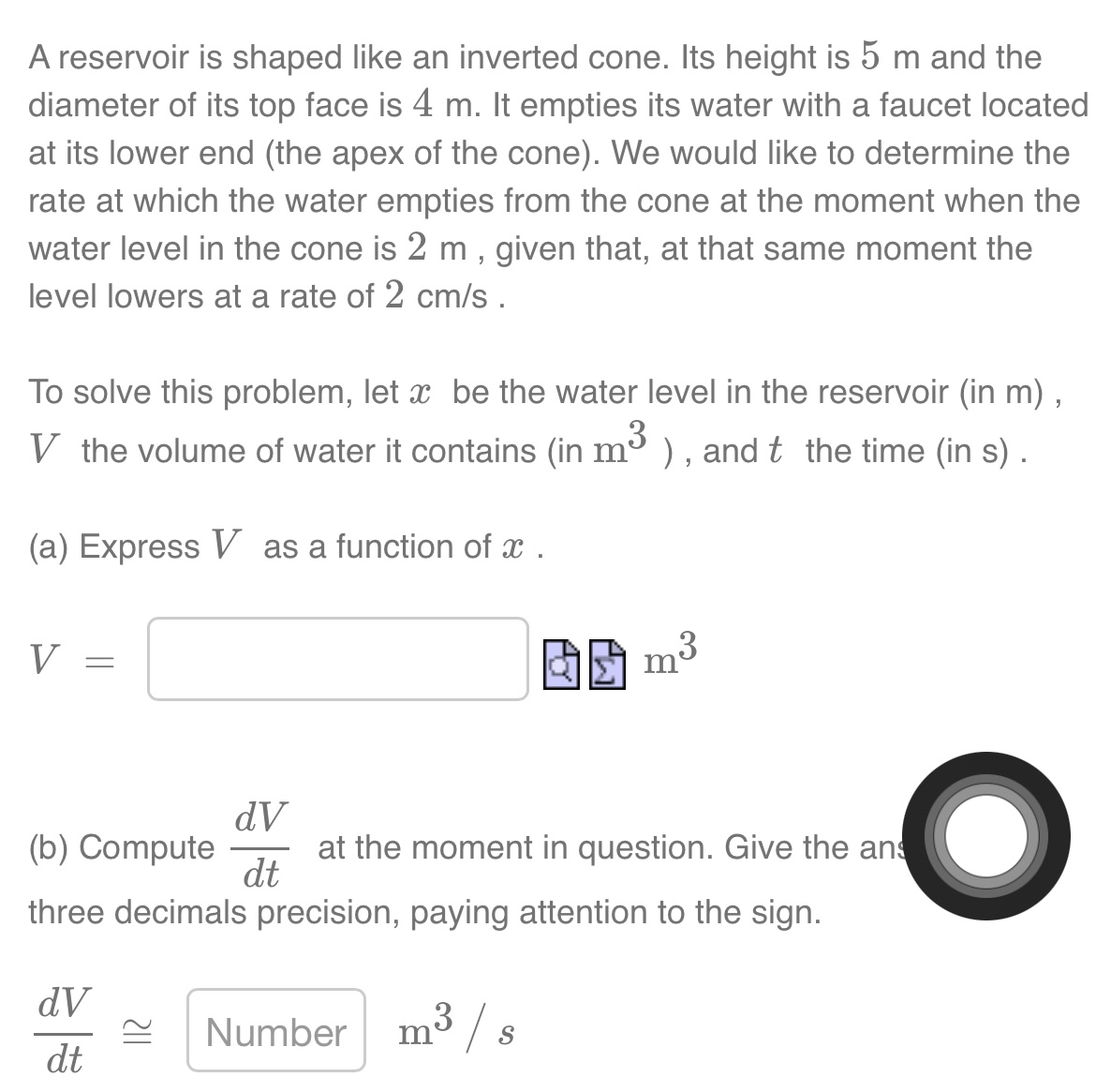 Solved A reservoir is shaped like an inverted cone. Its | Chegg.com