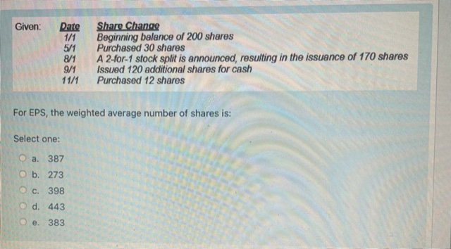 Solved For EPS, the weighted average number of shares is: | Chegg.com