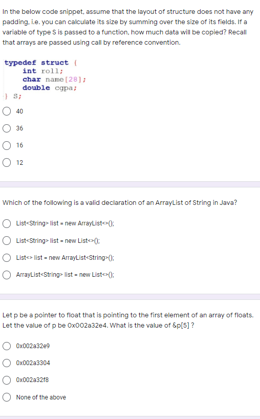 Solved In the below code snippet, assume that the layout of | Chegg.com
