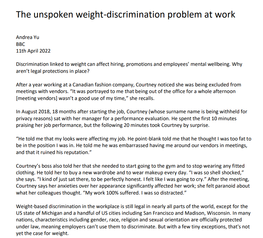 Solved The unspoken weight-discrimination problem at work | Chegg.com