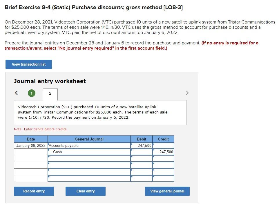 Solved Brief Exercise 8-4 (Static) Purchase discounts; gross | Chegg.com