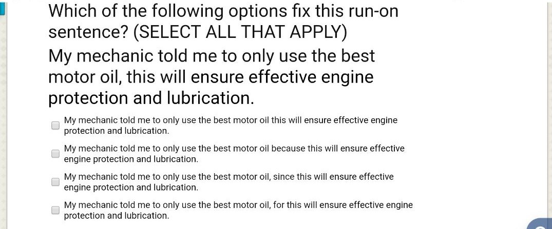 Solved Which of the following options fix this run-on | Chegg.com