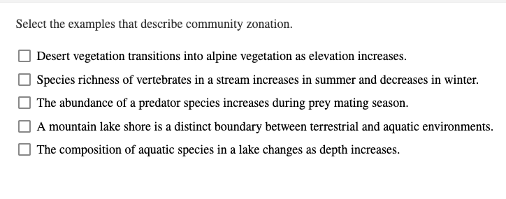 Solved Select the examples that describe community zonation. | Chegg.com