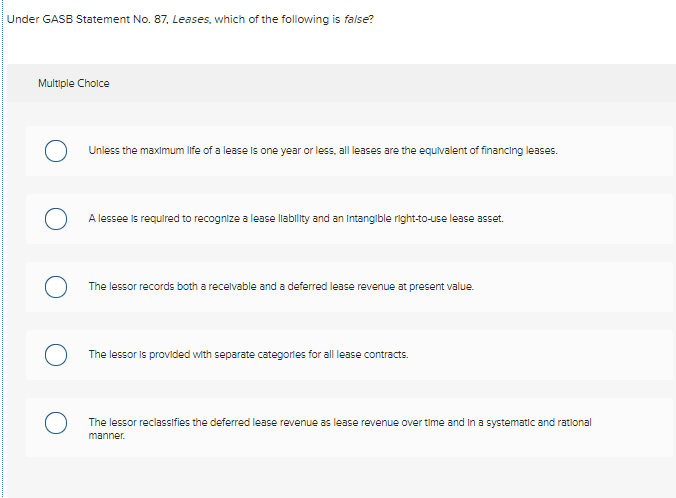 Solved Under GASB Statement No. 87. Leases, which of the | Chegg.com