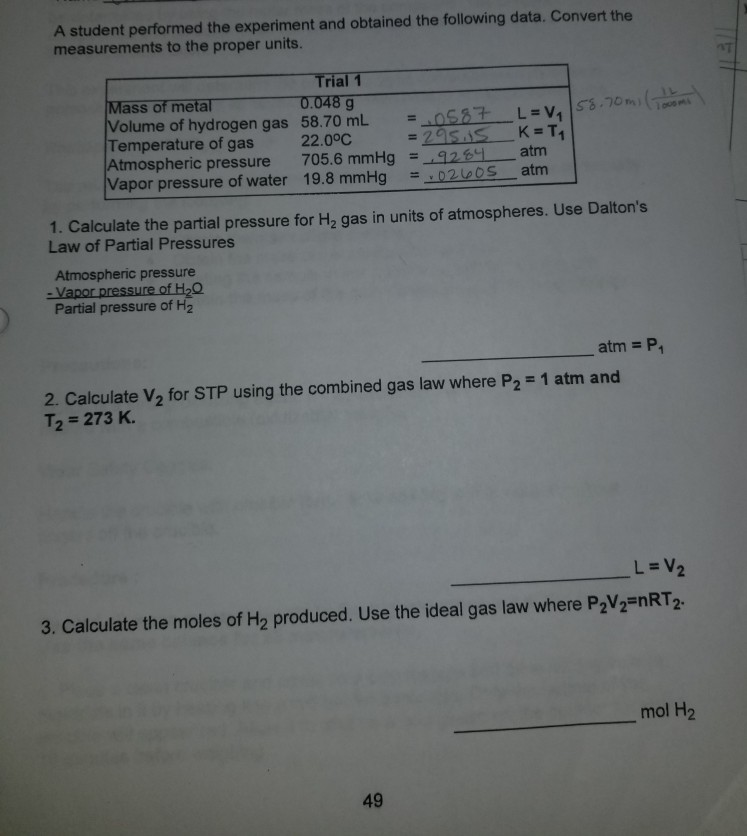 Solved A student performed the experiment and obtained the | Chegg.com