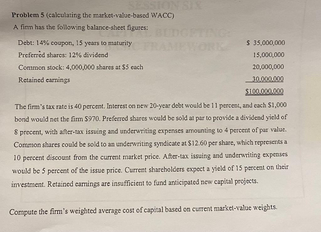 Solved Problem 5 (calculating the market-value-based WACC) A | Chegg.com