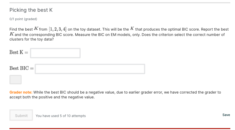 Solved Picking the best K 0/1 point (graded) Find the best K | Chegg.com