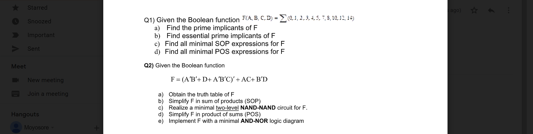 Solved Starred ago) Snoozed Important Q1) Given the Boolean | Chegg.com
