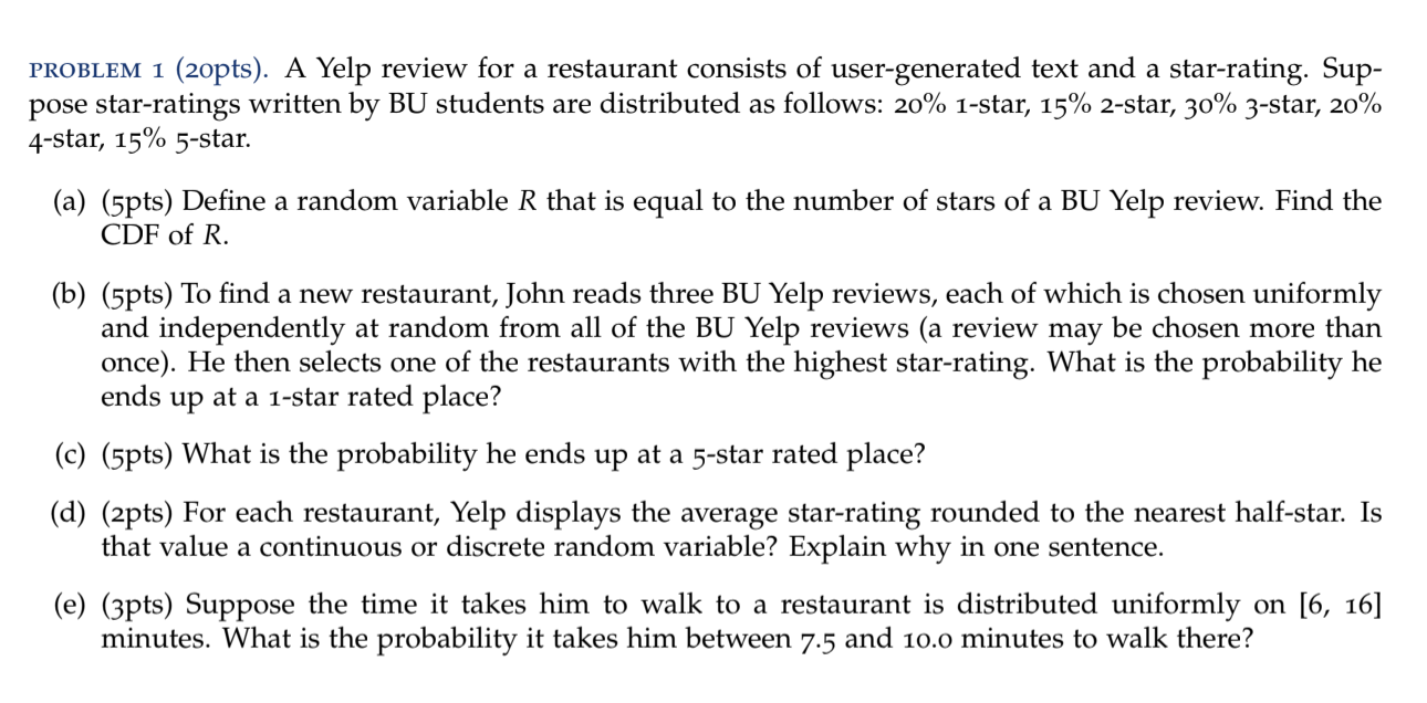 Solved PROBLEM 1 (2opts). A Yelp review for a restaurant | Chegg.com