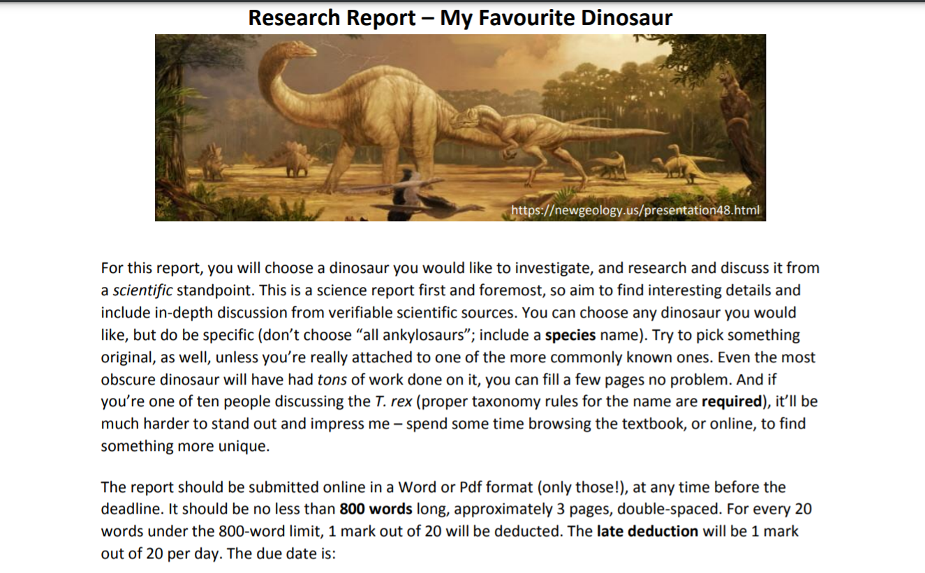 Research Report - My Favourite Dinosaur | Chegg.com