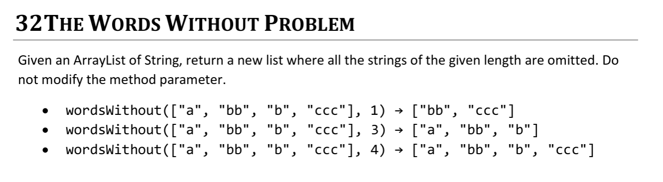 Solved 32THE WORDS WITHOUT PROBLEM Given an ArrayList of | Chegg.com