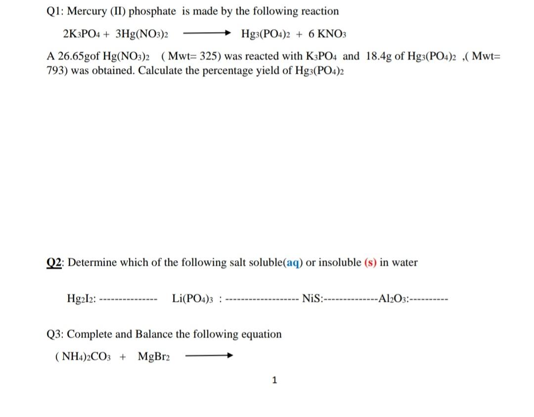 Solved Q1: Mercury (II) phosphate is made by the following | Chegg.com