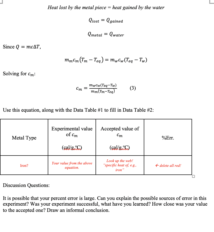 LAB #3 SPECIFIC HEAT OF A METAL OBJECTIVE In this | Chegg.com