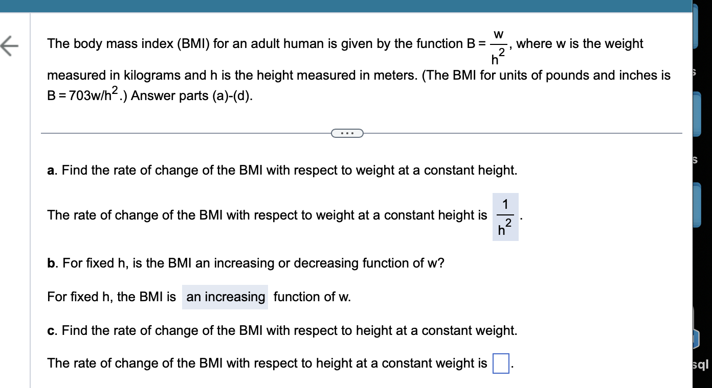 Solved The body mass index (BMI) for an adult human is given | Chegg.com