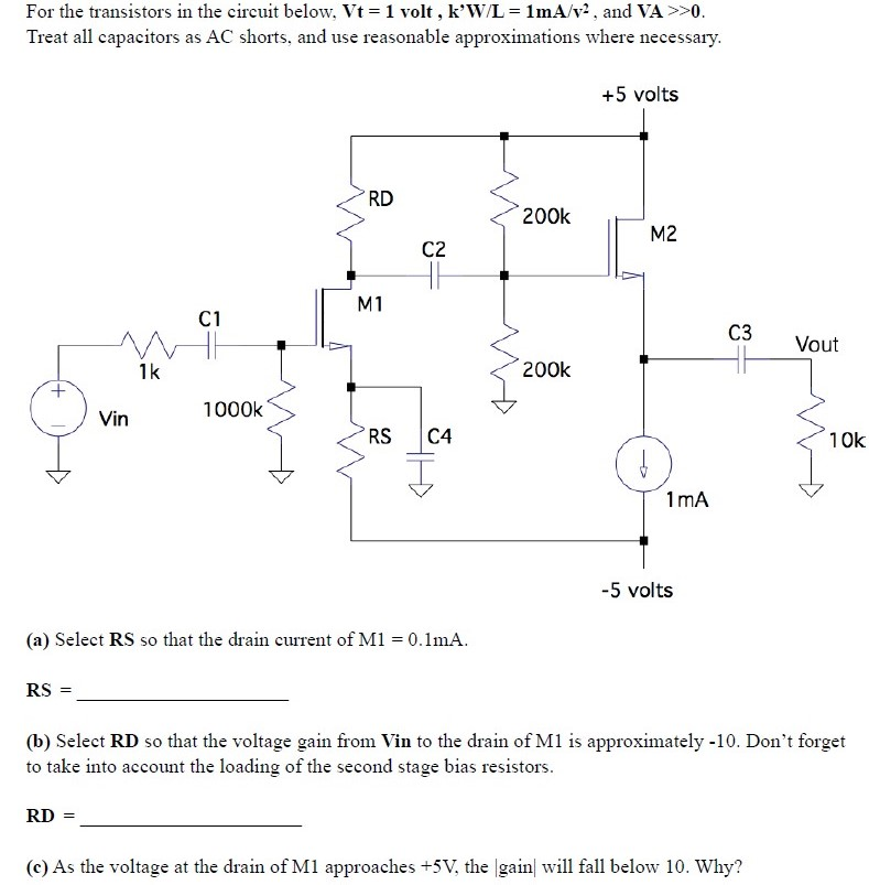 Solved For the transistors in the circuit below, Vt = 1 | Chegg.com