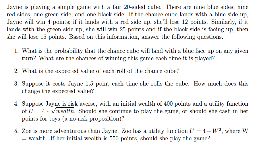 Jayne is playing a simple game with a fair 20-sided | Chegg.com