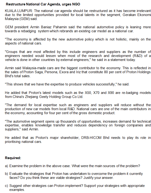 Solved Restructure National Car Agenda, urges NGO KUALA | Chegg.com