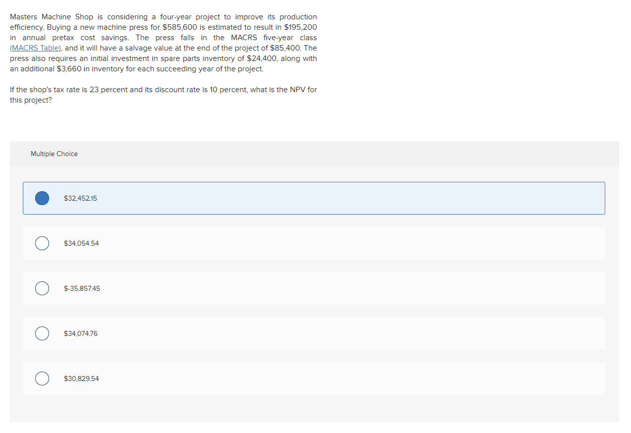 Solved Masters Machine Shop is considering a four-year | Chegg.com