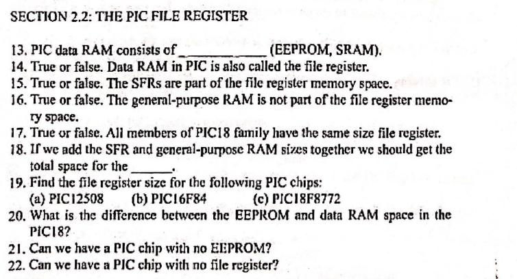 Solved SECTION 2.2: THE PIC FILE REGISTER 13. PIC data RAM | Chegg.com