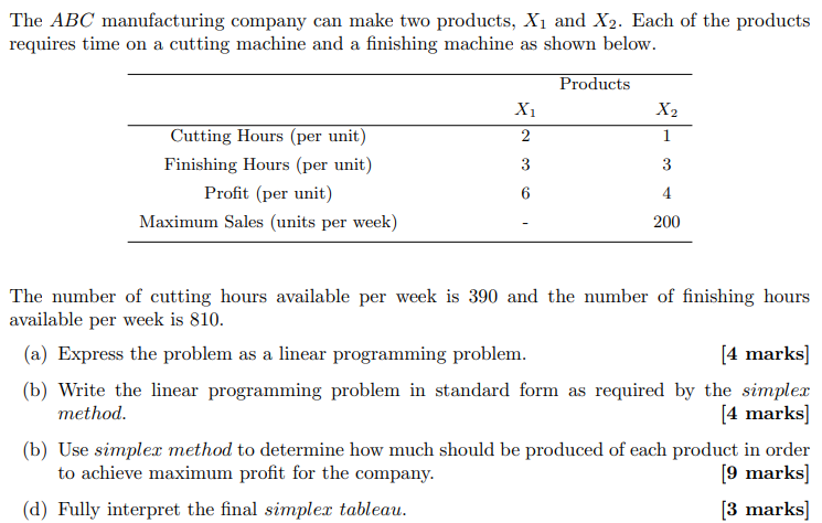 Solved The ABC manufacturing company can make two products, | Chegg.com