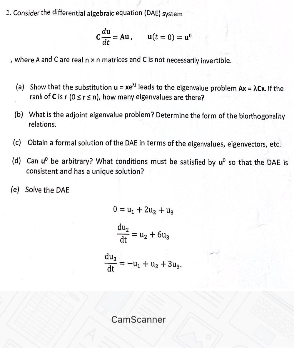 Solved 1. Consider the differential algebraic equation (DAE) | Chegg.com