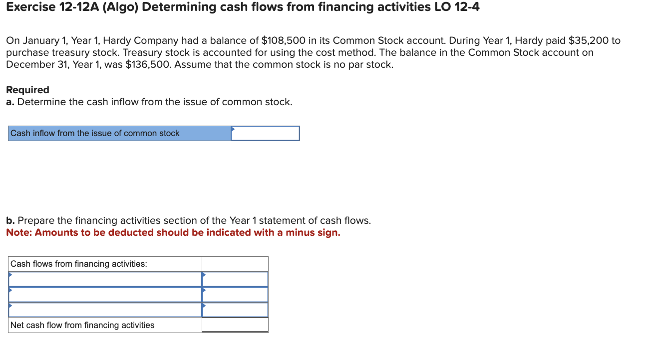 Solved Exercise 12-12A (Algo) Determining cash flows from | Chegg.com
