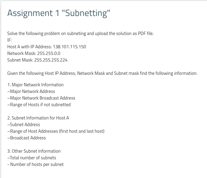 Solved Assignment 1 "Subnetting" Solve the following problem | Chegg.com