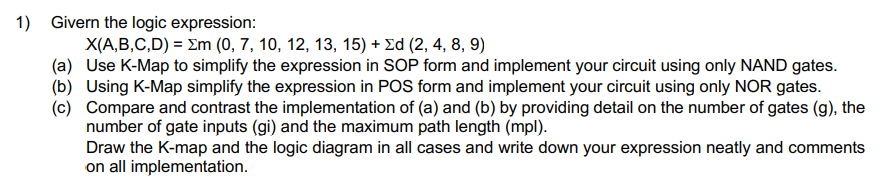 Solved 1) Givern the logic expression: X(A,B,C,D) = Em (0, | Chegg.com