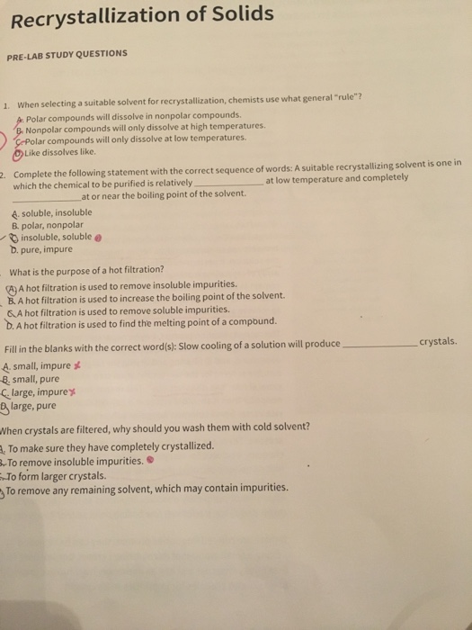 Solved Recrystallization of Solids PRE-LAB STUDY QUESTIONS | Chegg.com