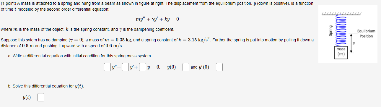 Solved (1 point) A mass is attached to a spring and hung | Chegg.com