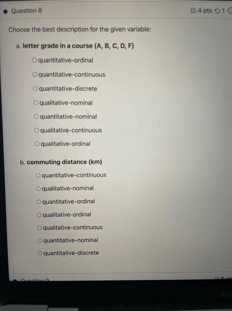 Solved Choose the best description for the given variable: | Chegg.com