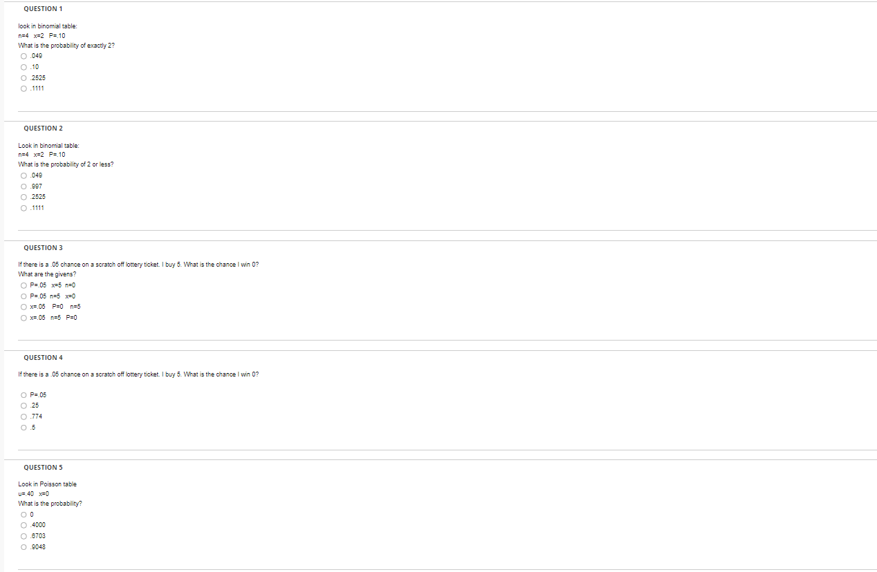Solved QUESTION 1 look in binomial table: n=4x=2P=10 What is | Chegg.com