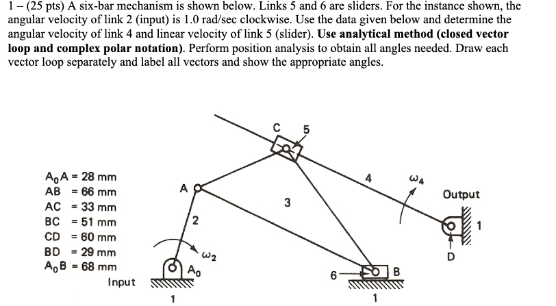 Solved 1 - (25pts) A six-bar mechanism is shown below. Links | Chegg.com