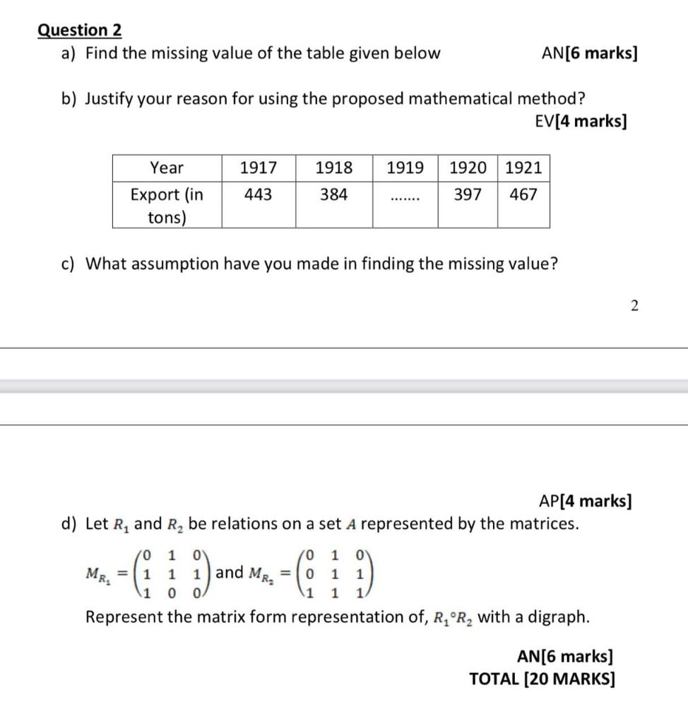 Solved Question 2 a) Find the missing value of the table | Chegg.com