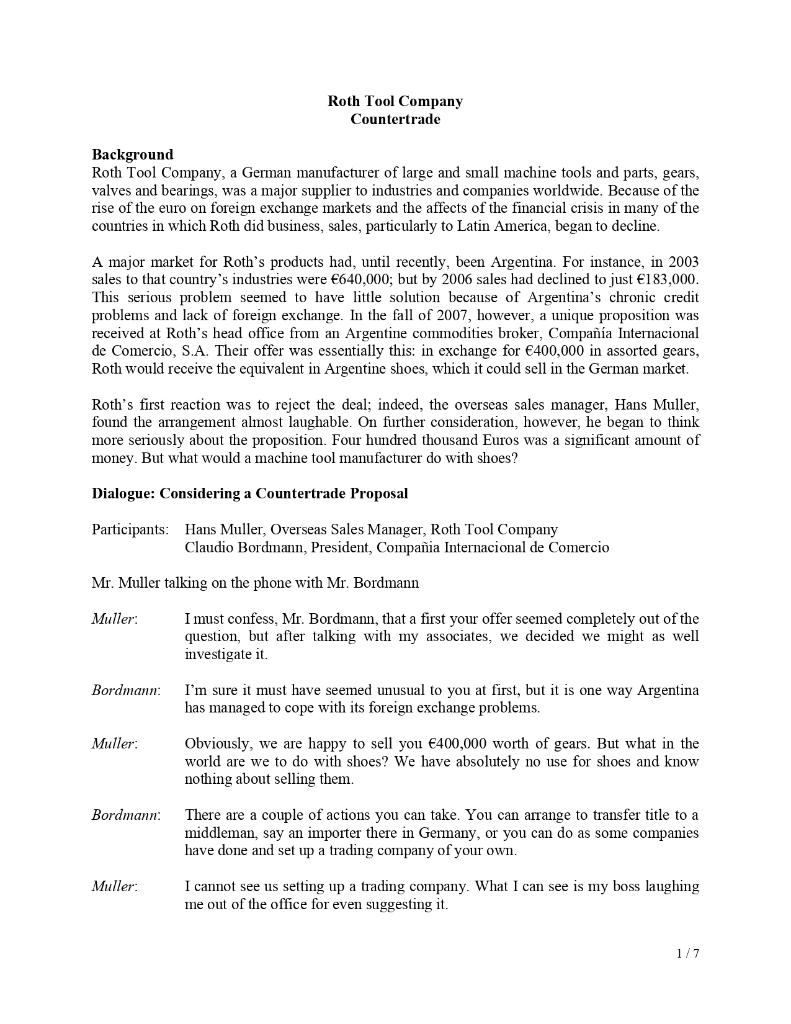 Solved Roth Tool Company Countertrade Background Roth Tool | Chegg.com