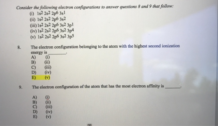 Solved Consider The Following Electron Configurations To