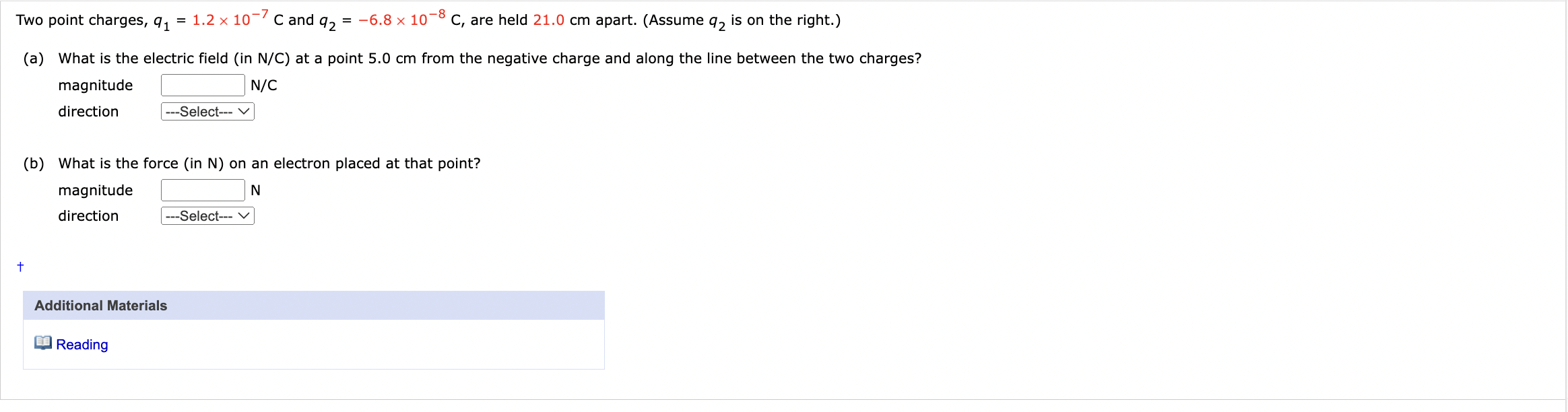 Solved Two point charges, q1=1.2×10−7C and q2=−6.8×10−8C, | Chegg.com