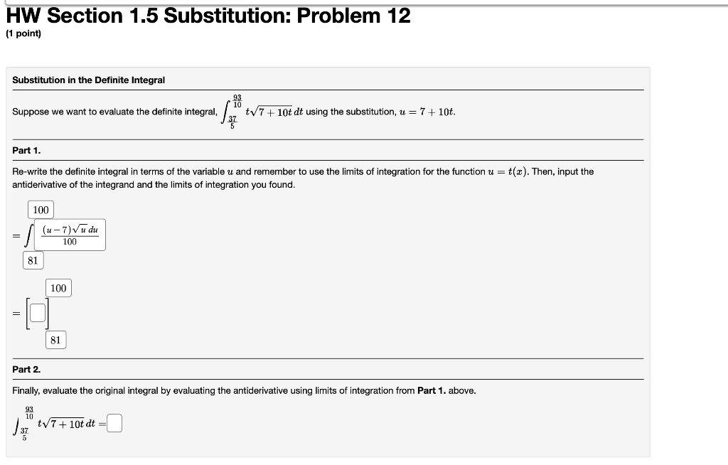 Solved HW Section 1.5 Substitution: Problem 12 (1 point) | Chegg.com