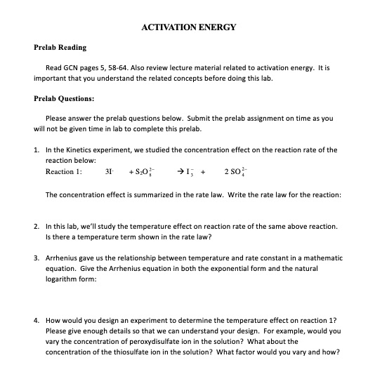 Solved ACTIVATION ENERGY Prelab Reading Read GCN pages 5, | Chegg.com